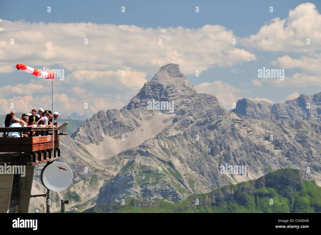 tourists at mountain station of Nebelhornbahn at Nebelhorn 2224 m ...