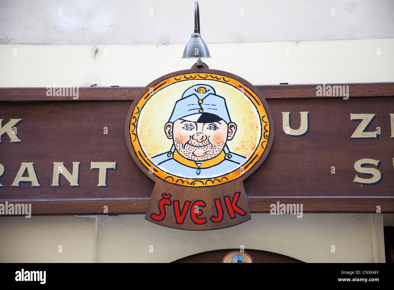 The Good Soldier Svejk, sign at a restaurant in Prague, Czech Republic ...
