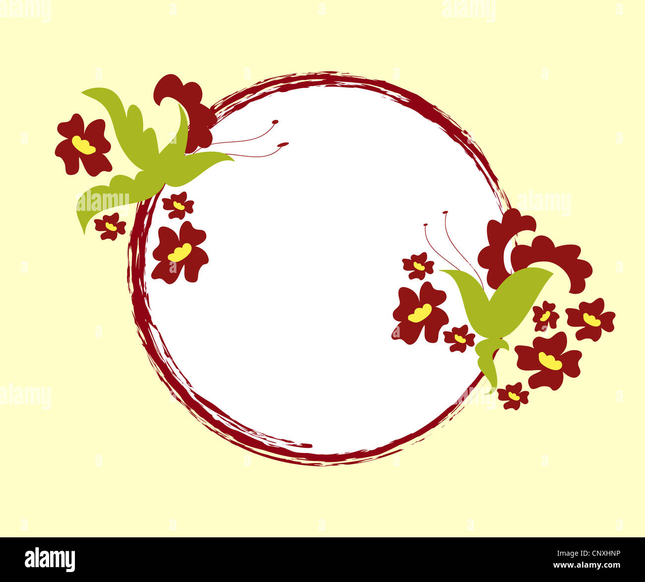 Red flowers and green leaves frame Stock Photo - Alamy