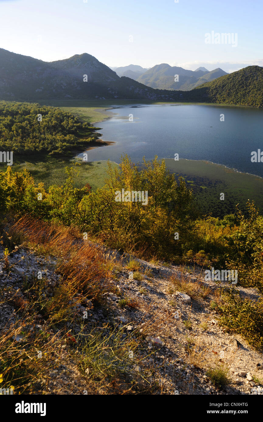 panoramic view on Lake Skadar in a mountain landscape in autumn colours ...