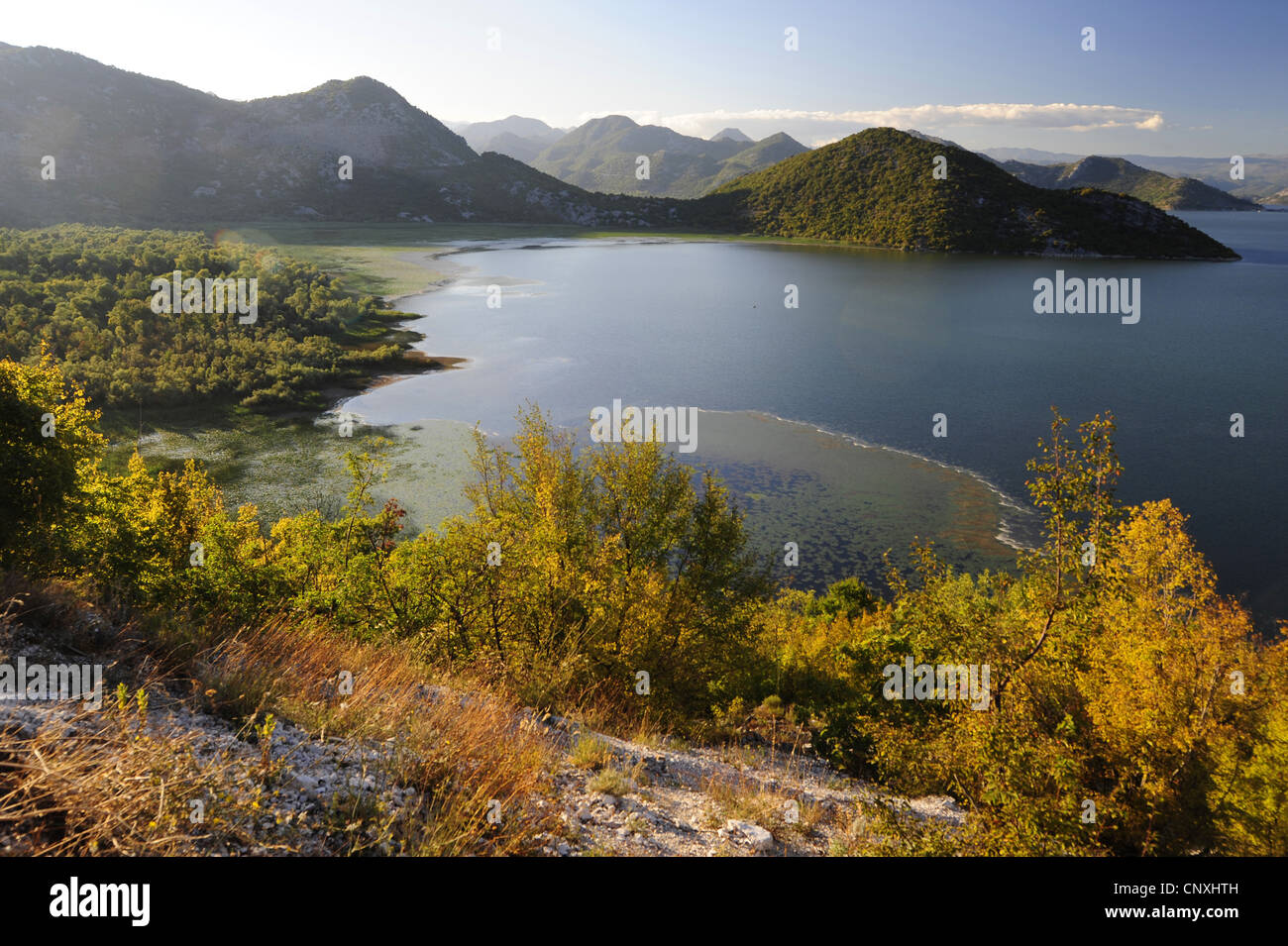 panoramic view on Lake Skadar in a mountain landscape in autumn colours ...
