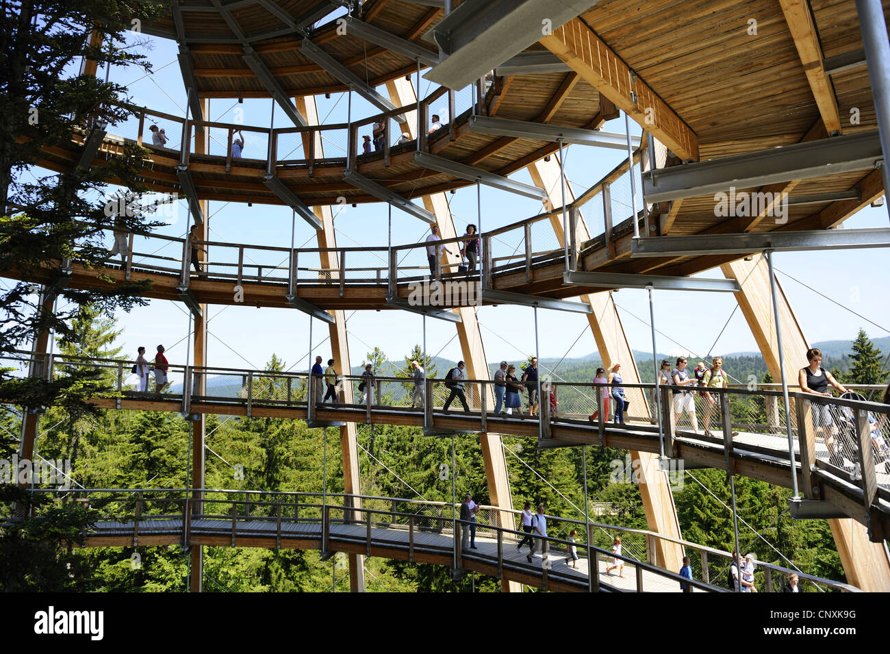 a lot of visitors on the spiral way of the viewing tower of the tree ...