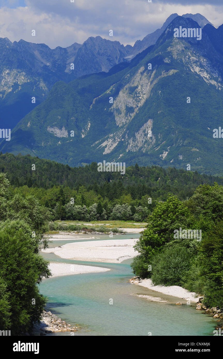 panoramic view at the valley of the Soca in front of looming mountains ...