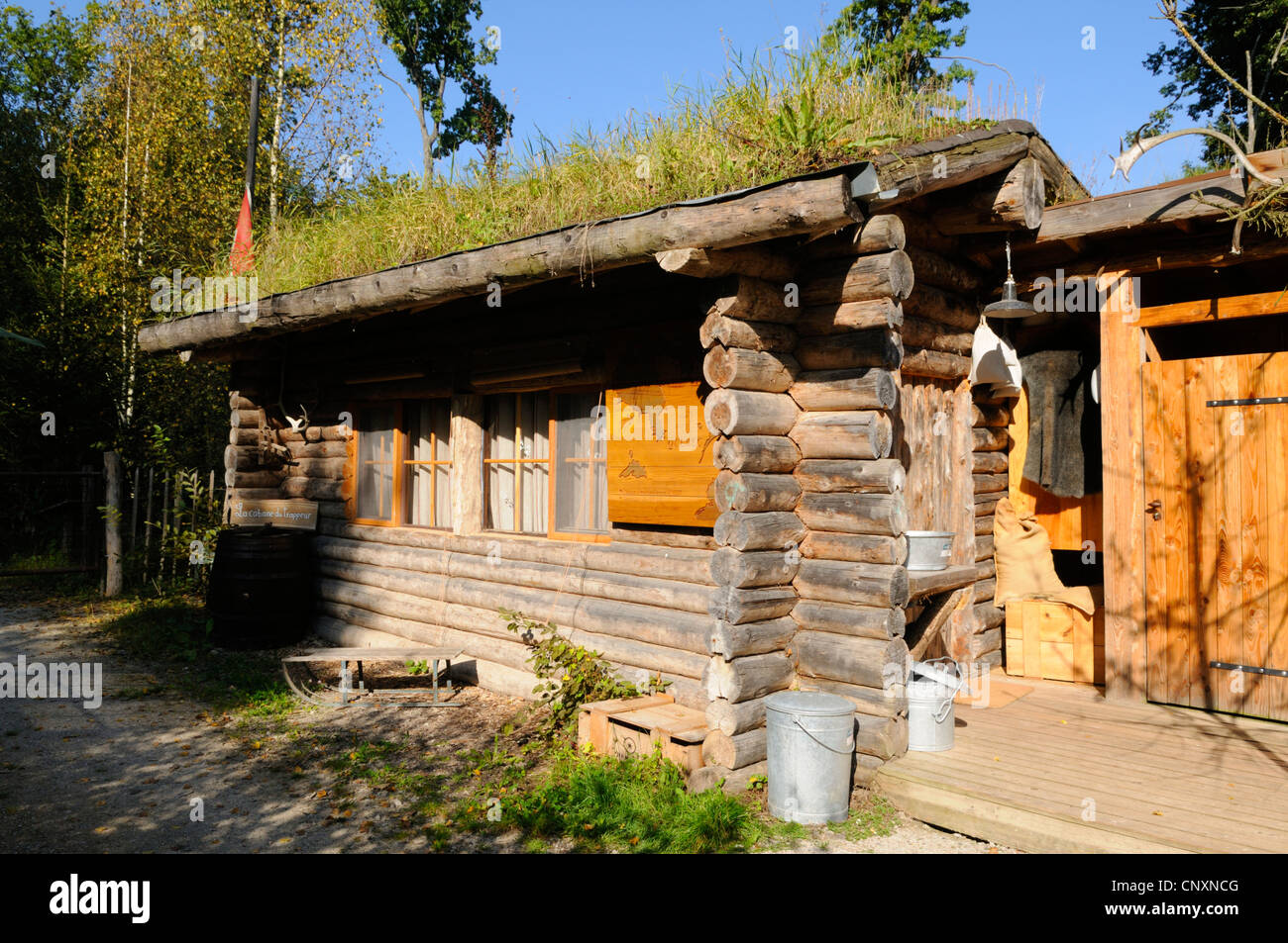Canadian trapper hut, Rhodes animal's park, Moselle, Lorraine region ...