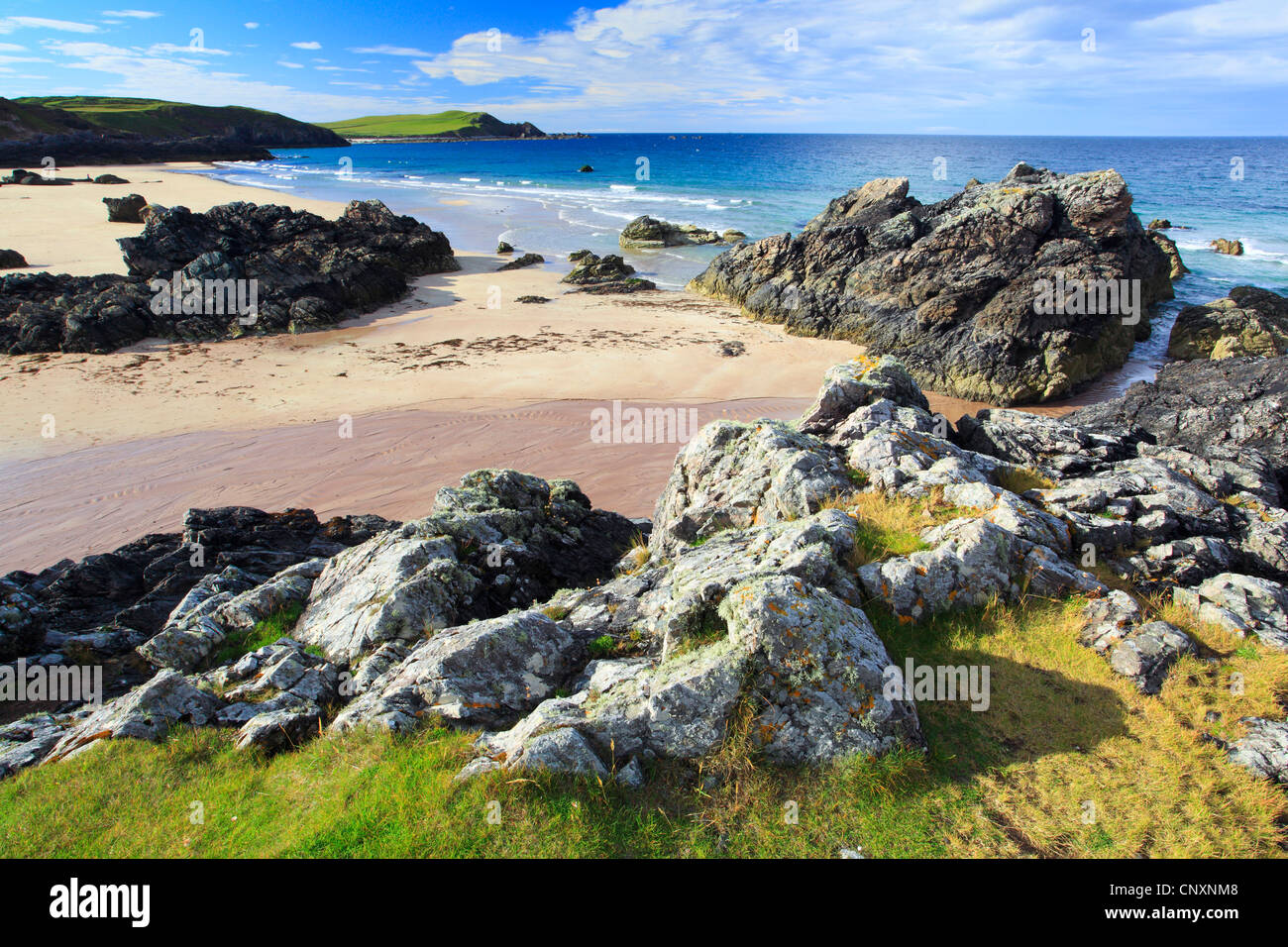 sandy beach and rocks, United Kingdom, Scotland, Sutherland, Sango Bay ...