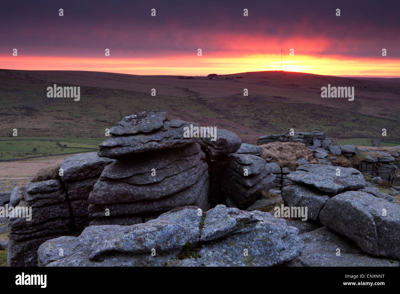 Sunrise over Great Staple Tor, Dartmoor, Devon, England. Winter ...