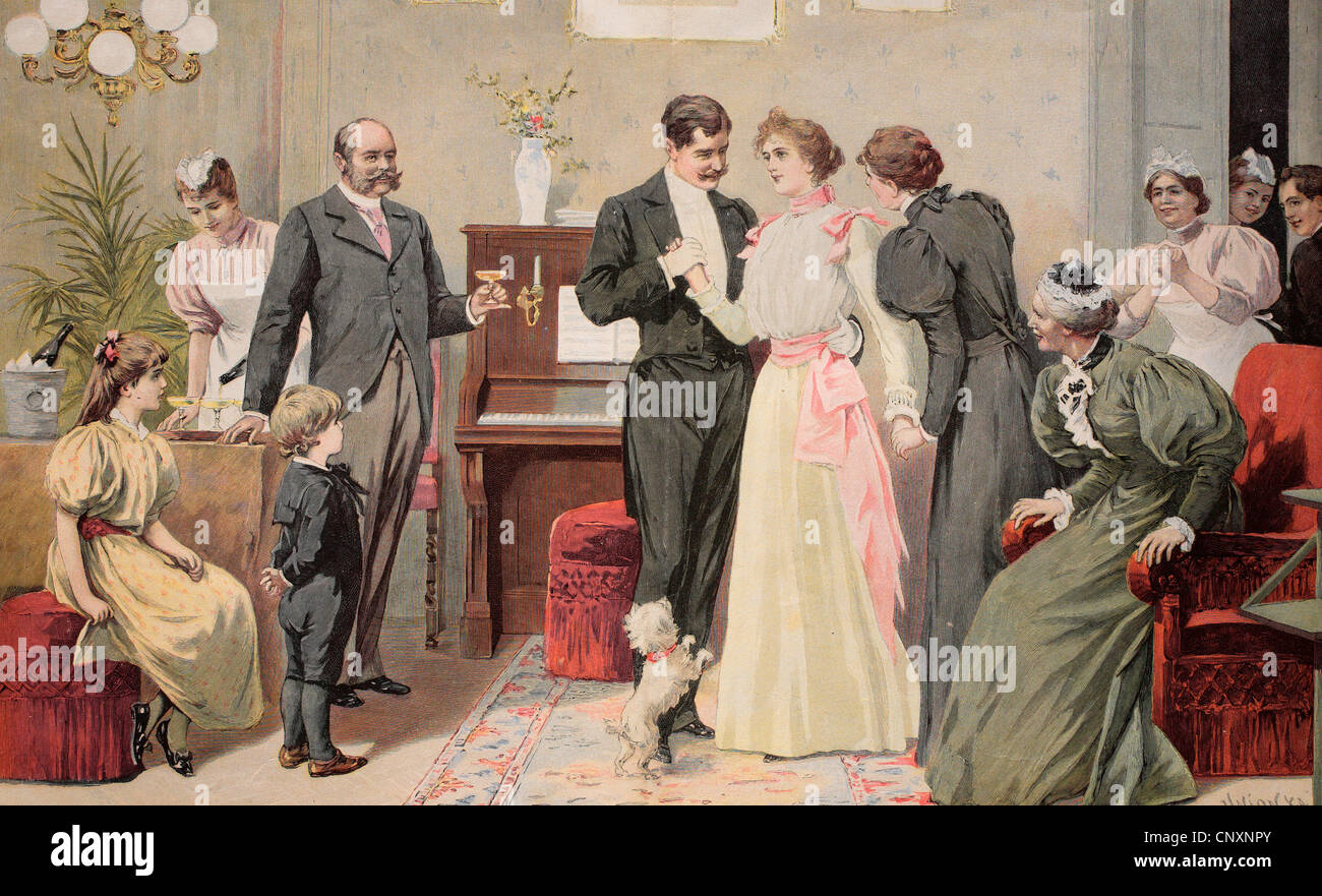 Bride and groom exchanging wedding vows, historical engraving, circa ...