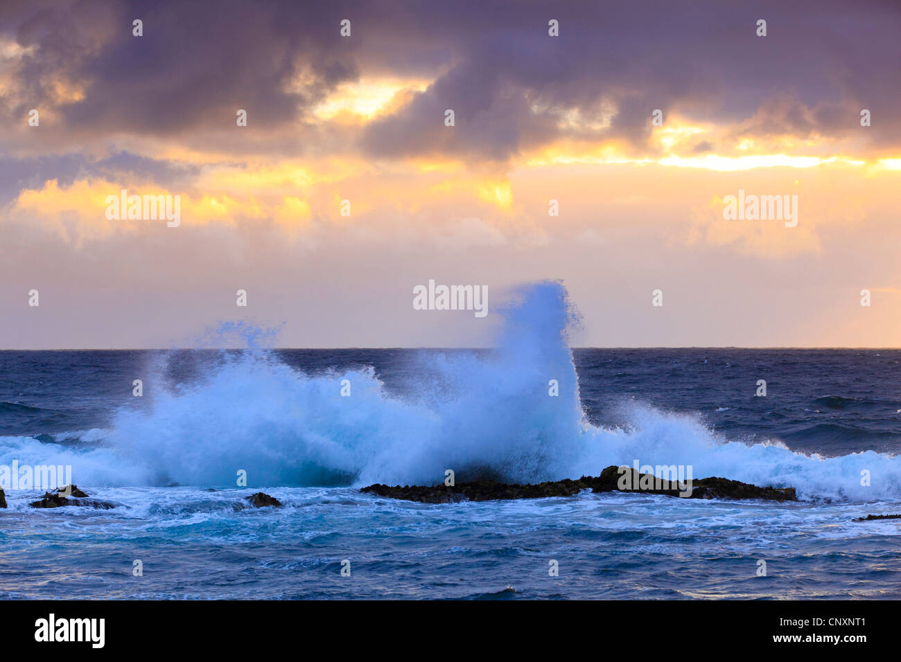 breaking of the waves at north coast of Scottland at sunset, United ...
