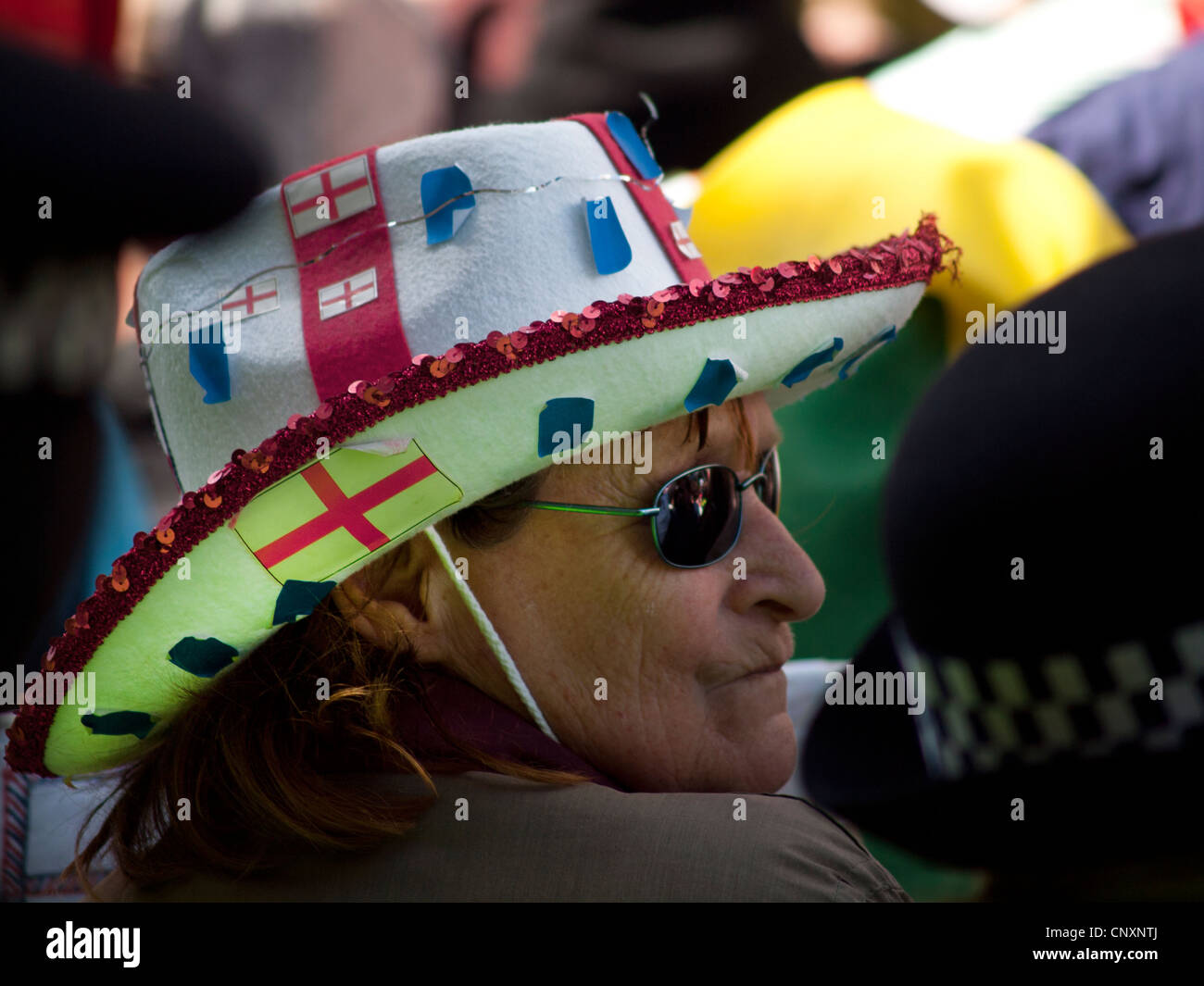 Sporting a patriotic hat on an EDL march in Brighton Stock Photo - Alamy