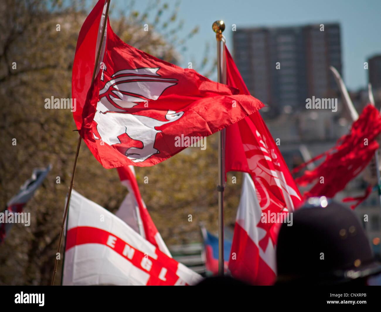 Flags flutter in wind on EDL rally in Brighton Stock Photo - Alamy