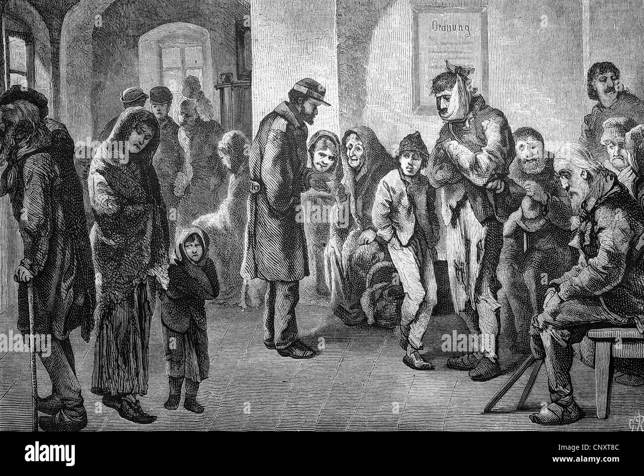 Heated room for the homeless, Vienna, Austria, historical engraving ...