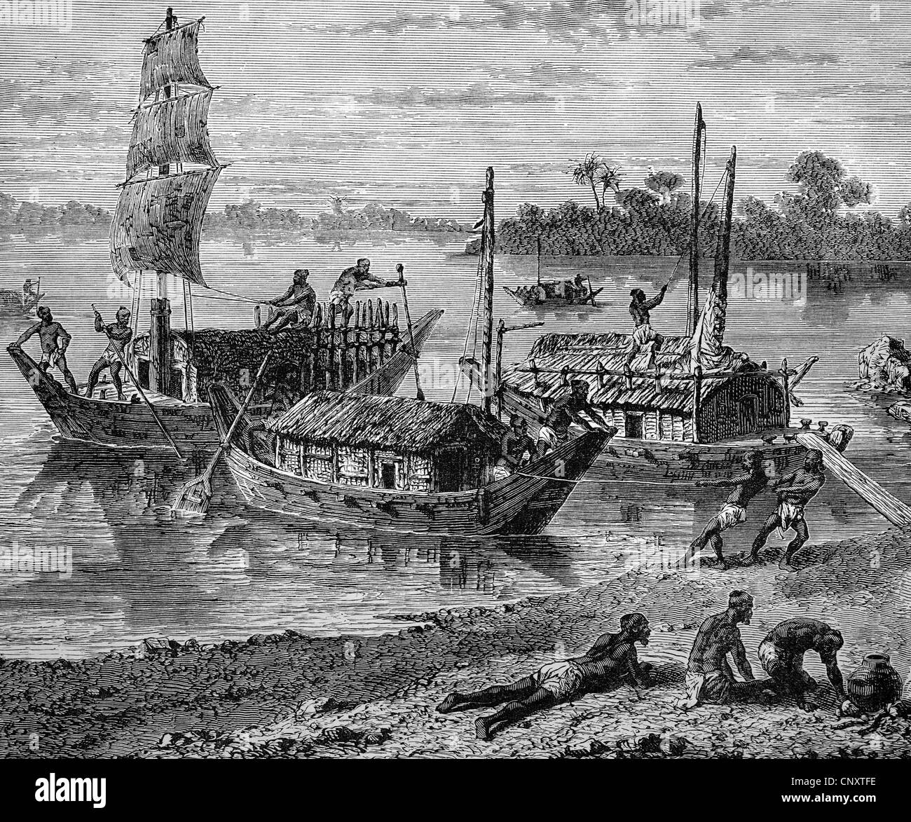 Ganges River, India, historical illustration, wood engraving, circa ...