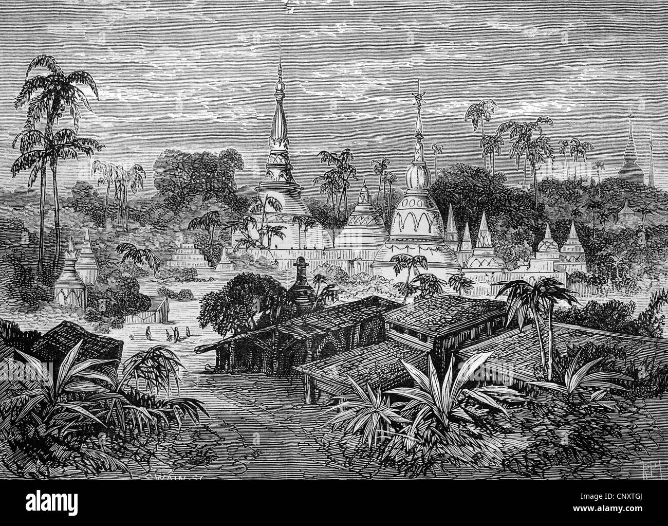 Temple city of Pegu, Myanmar, Burma, historical illustration, wood ...