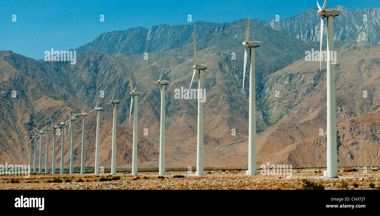wind wheels in front of mountains along Interstate 10, USA, California ...