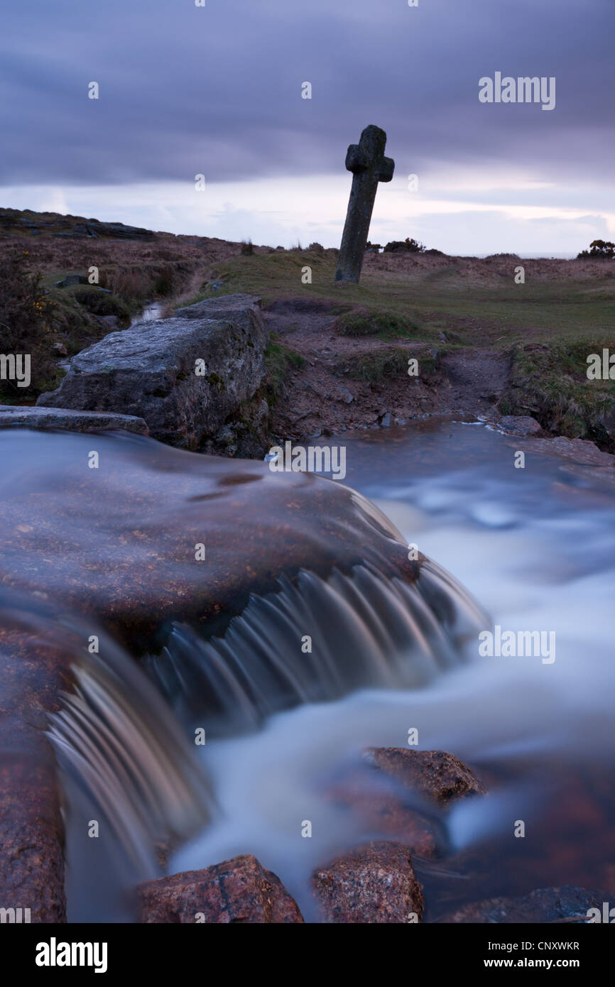 Twilight at Windy Post stone cross in Dartmoor, Devon, England. Spring ...