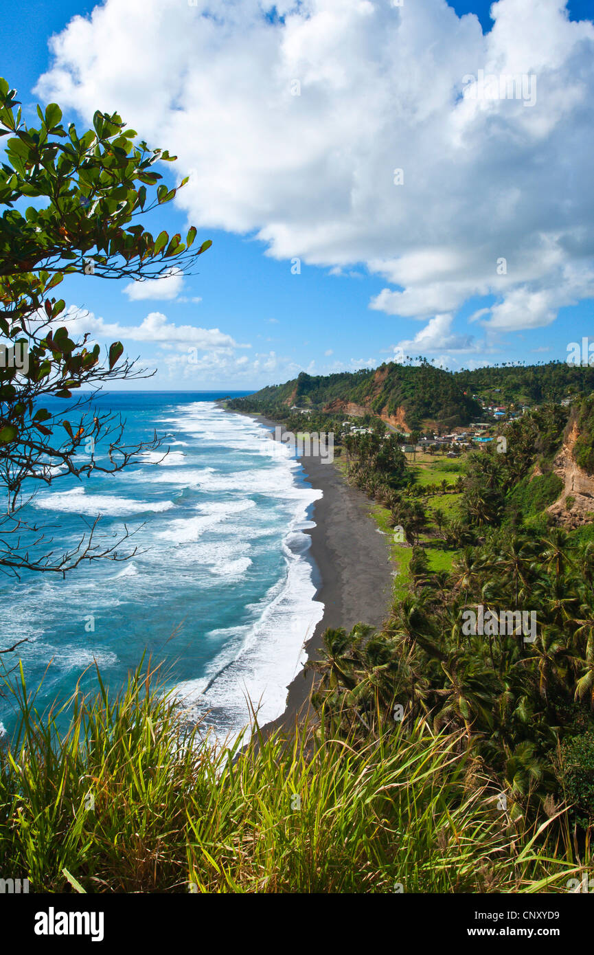 view from a hill on a Caribbean sand beach and settlement, Saint ...