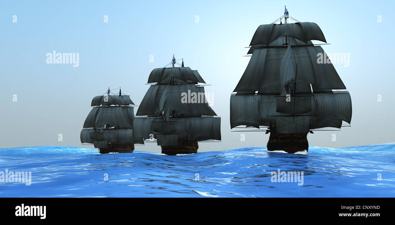 Three tall ships in full sail cross a large ocean with glistening blue ...