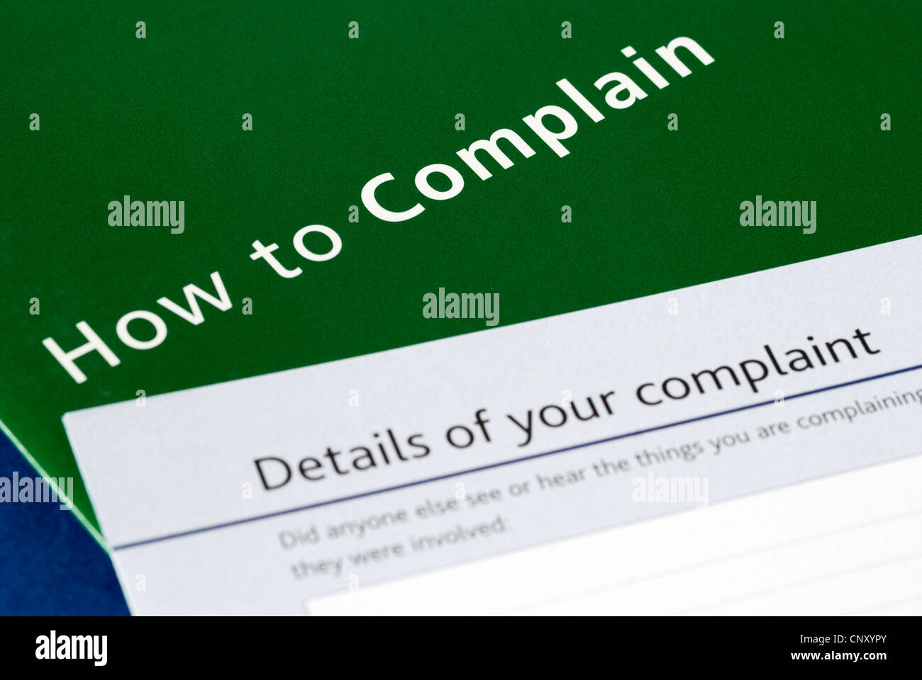 Complaint form and details of how to make a complaint Stock Photo - Alamy