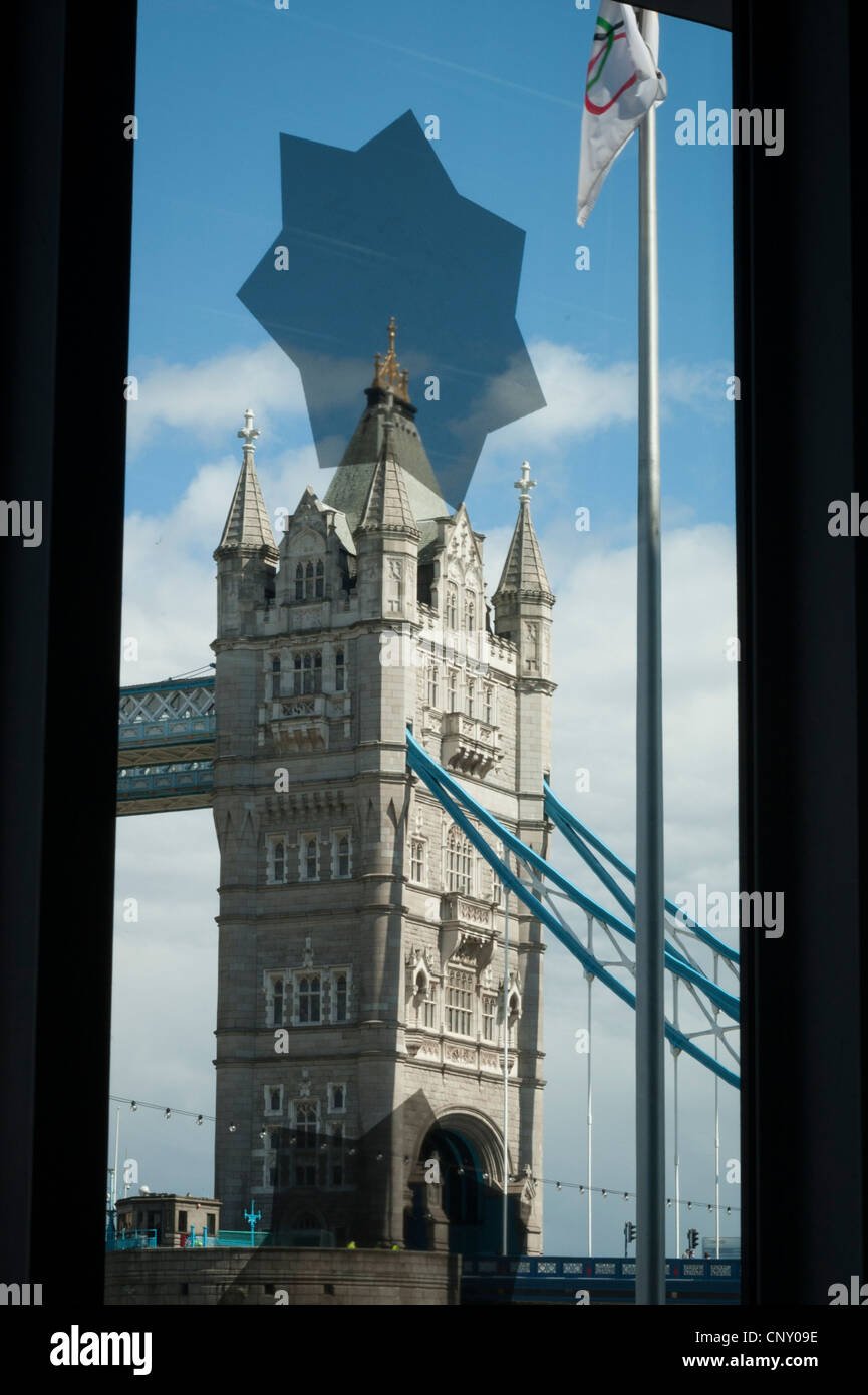 London Tower Bridge Southbank view from City Hall through window with ...