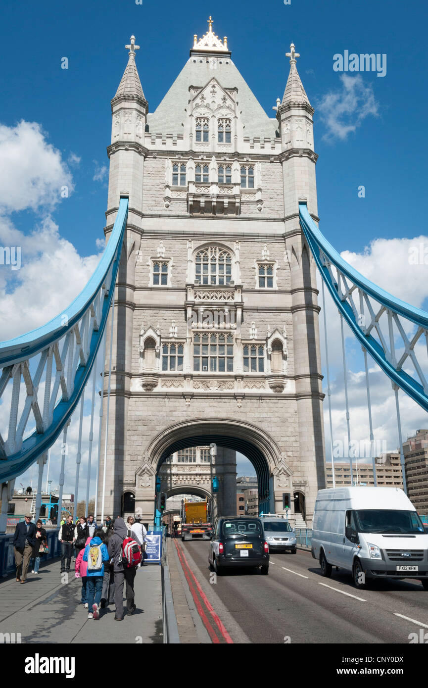 London Tower Bridge , typical scene of traffic black cab white van ...