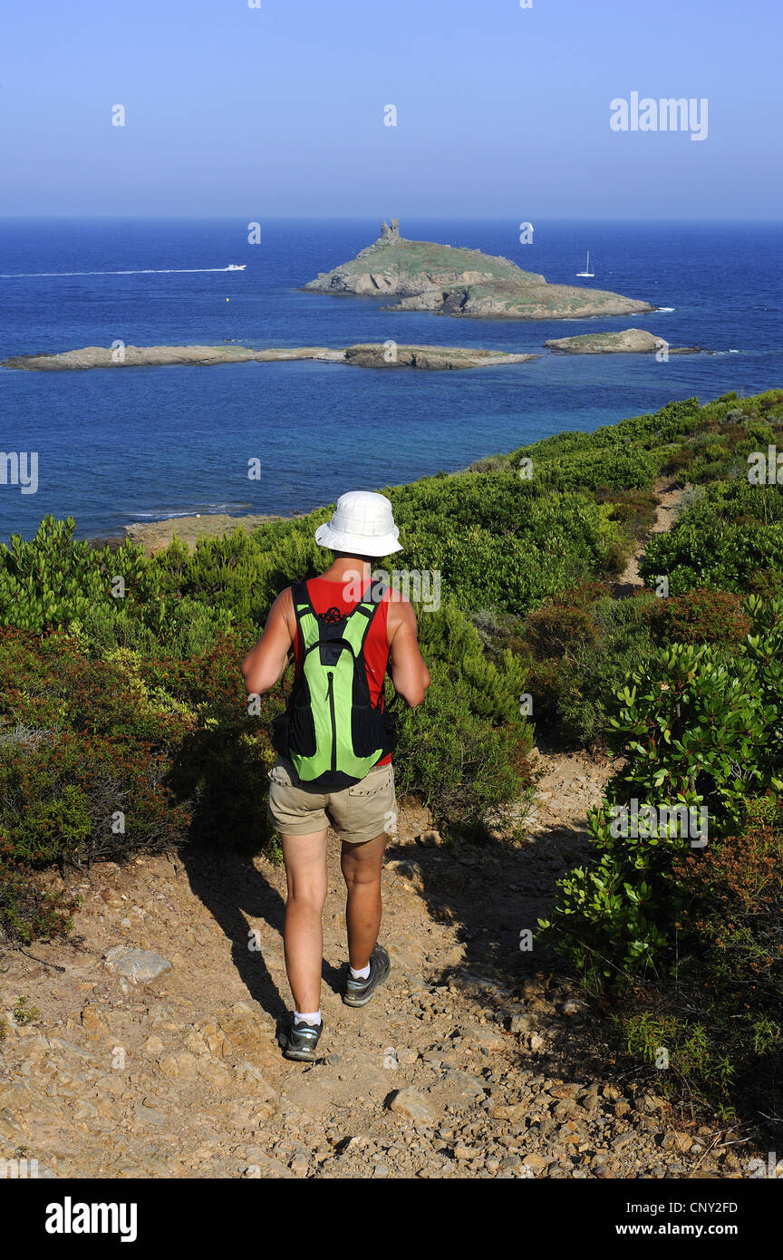 wanderer at Cap Corse near Tower of Santa Maria, France, Corsica Stock ...