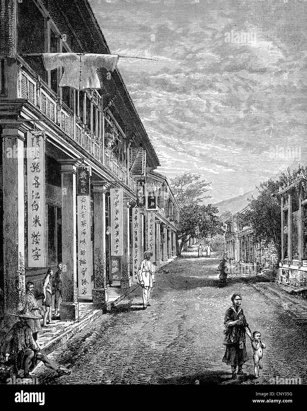 Street in Hong Kong, historical illustration, wood engraving, circa ...