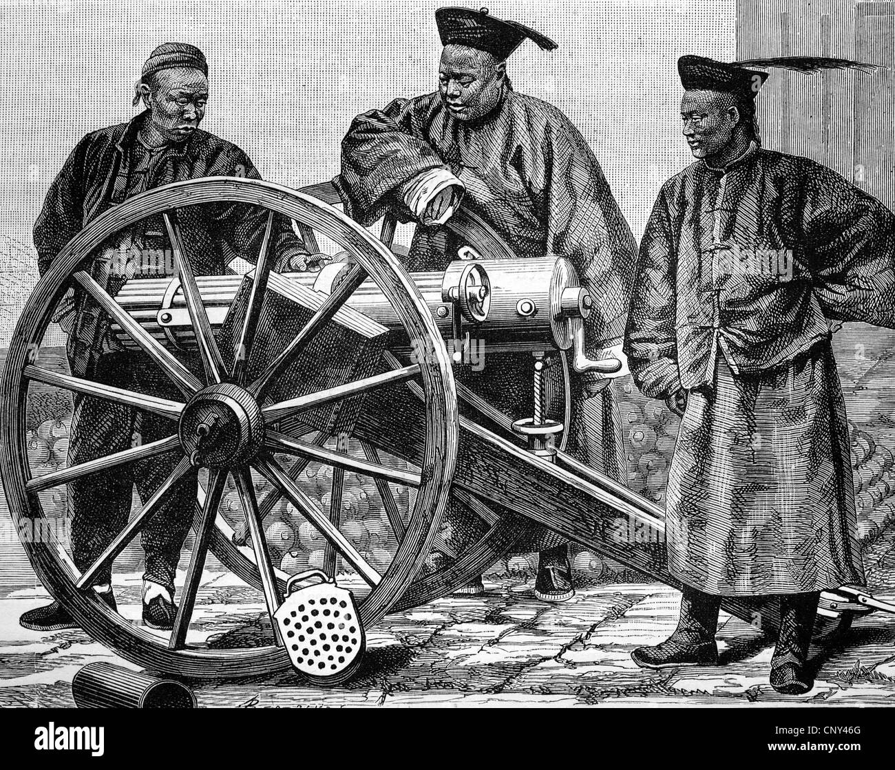 Artillery personnel in China, historical illustration, wood engraving ...