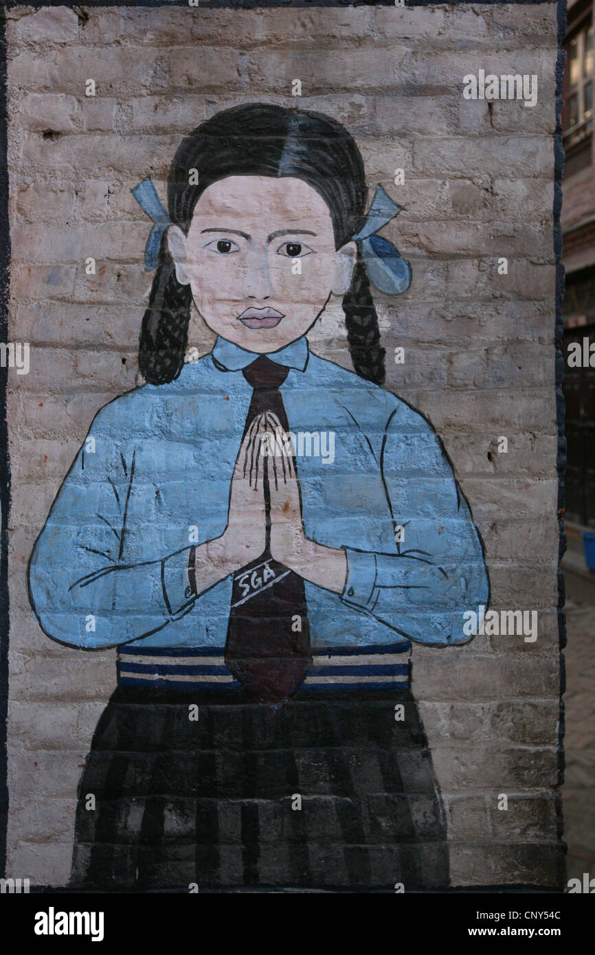 Namaste. Street graffiti with traditional Nepali greeting in Bhaktapur ...