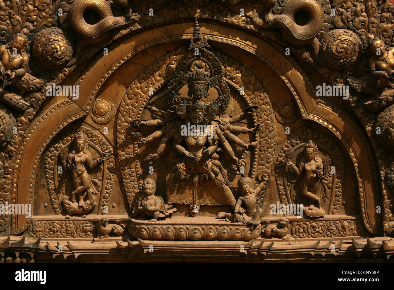 Goddess Taleju. Detail of the Golden Gate in Bhaktapur Durbar Square in ...