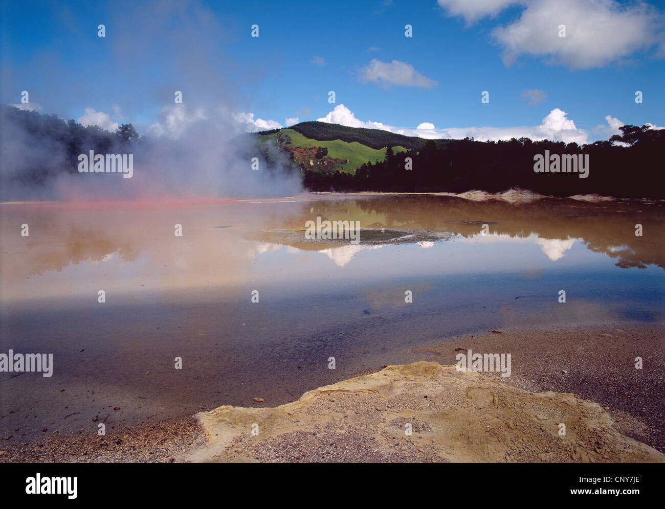 Steam rises from a colorful geothermally heated pond at Waiotapu, North ...