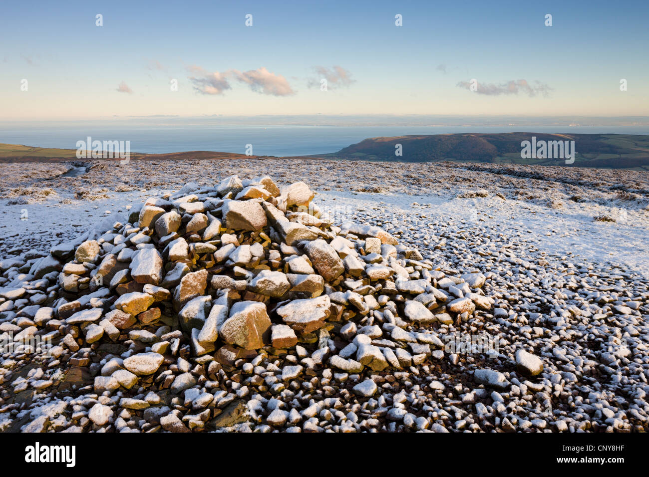 Stone Cairn at Dunkery Beacon on a snowy winters morning, Exmoor ...