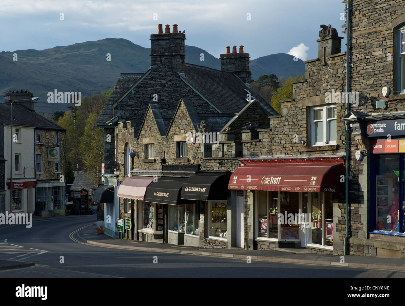 Row of shops in the town of Ambleside, Lake District National Park ...