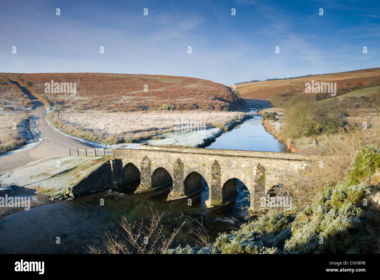 Landacre bridge and frost covered winter moorland, Exmoor National Park ...