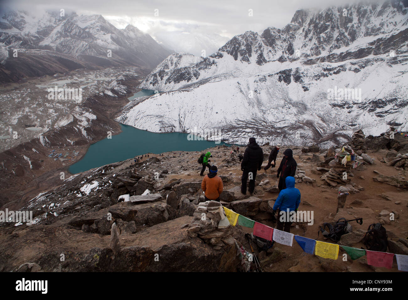 View along the Ngozumpa Glacier from the summit of Gokyo Ri Stock Photo ...