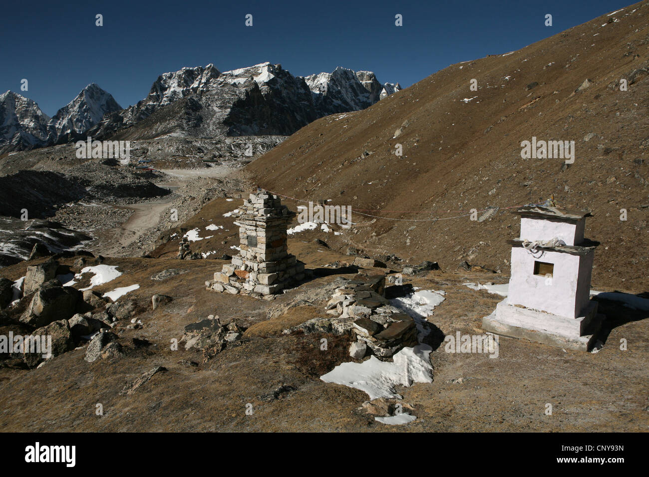 Monuments to lost climbers near the Everest Base Camp (5,364 m) in ...