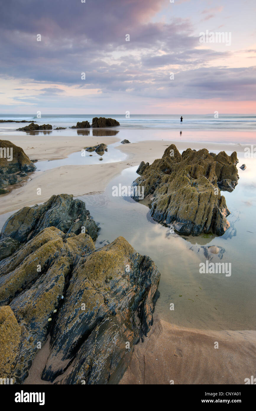 Low tide at Combesgate Beach at Woolacombe, Devon, England. Summer ...