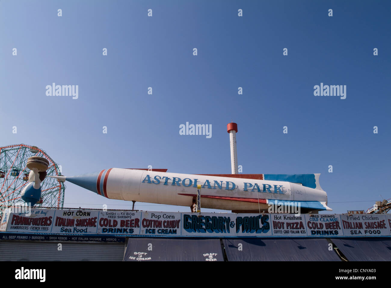 Astroland Park rocket perched on rooftop Stock Photo - Alamy