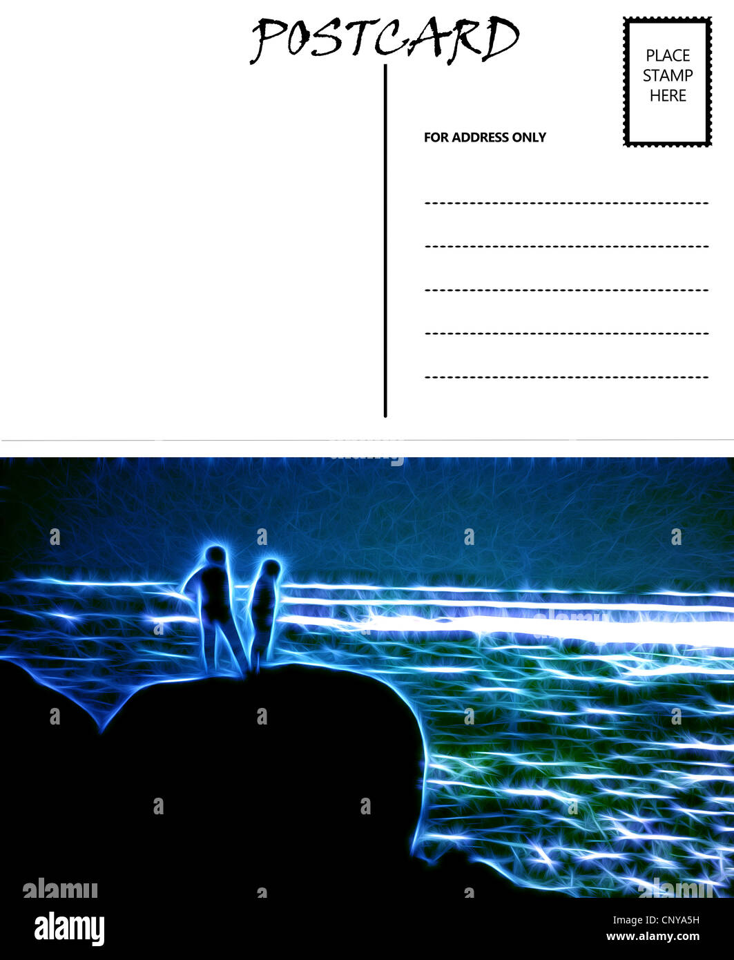 White Empty Postcard Template with Couple Looking Over Sea Image Stock ...