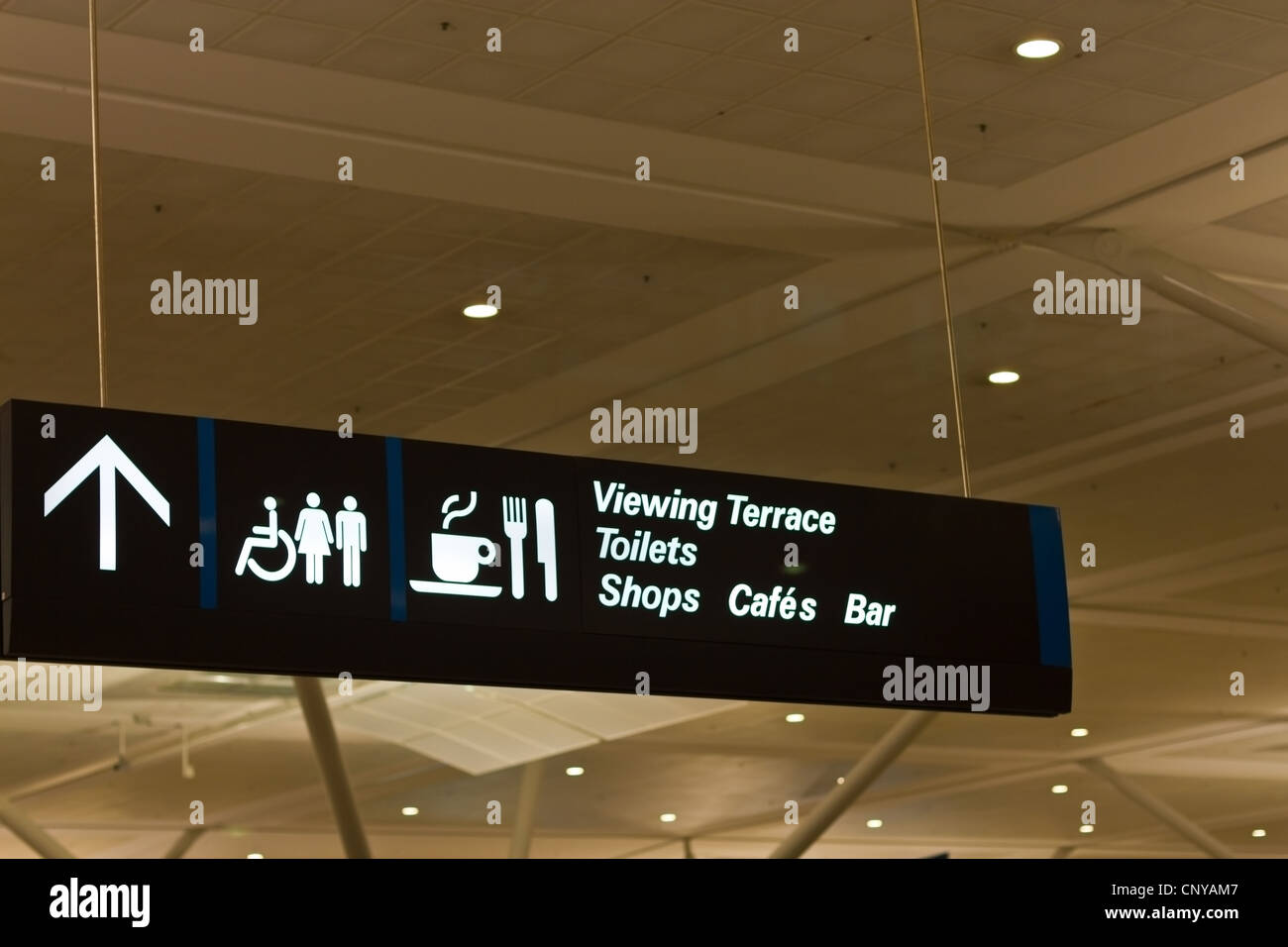 Airport Terminal Sign viewing terrace toilets shops cafe bar Stock ...