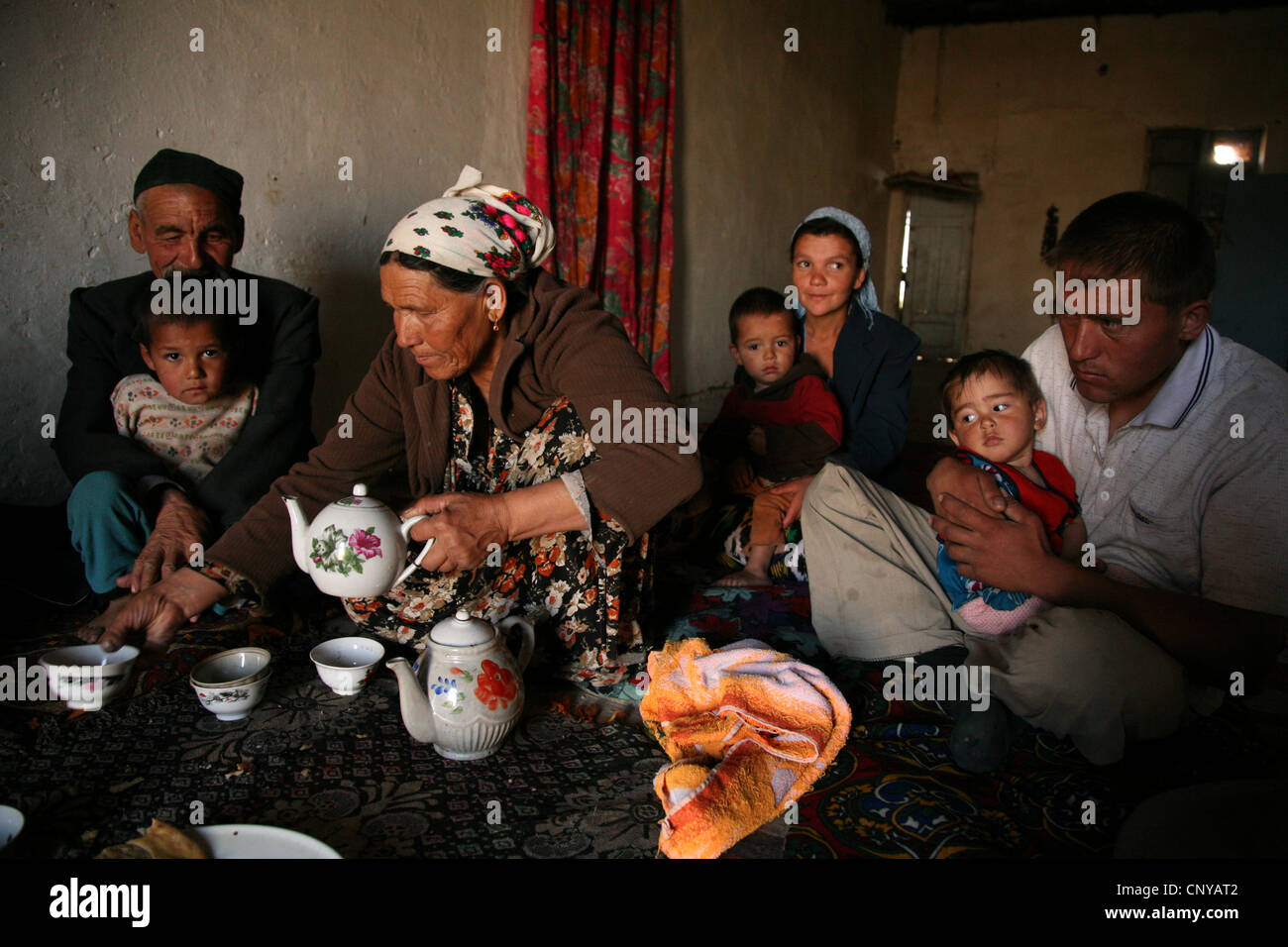 Tea drinking in a Kazakh family living in a kishlak beside the Uzbek ...