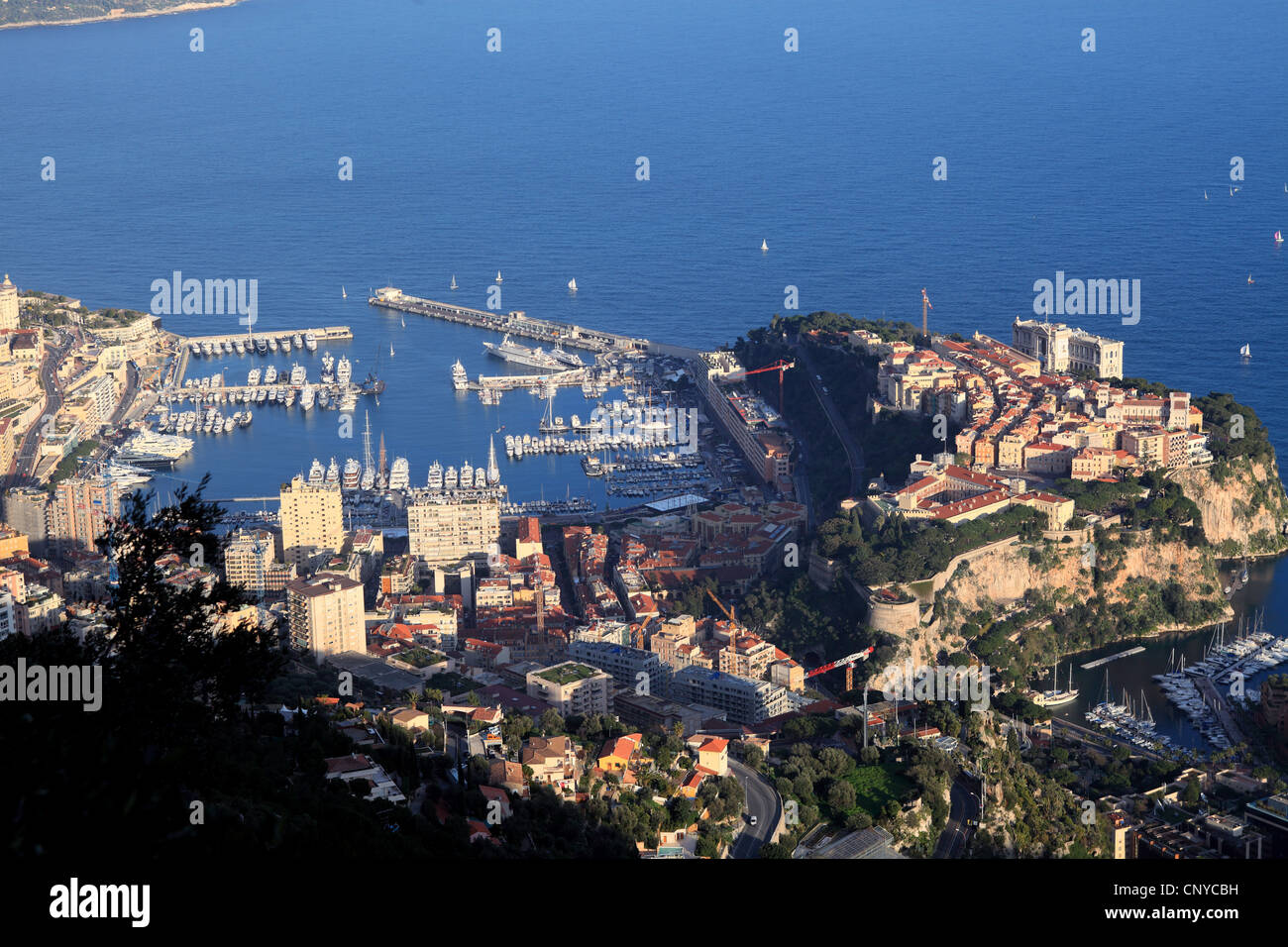 Overhead view of the Principality of Monaco and the Palace up to Le ...