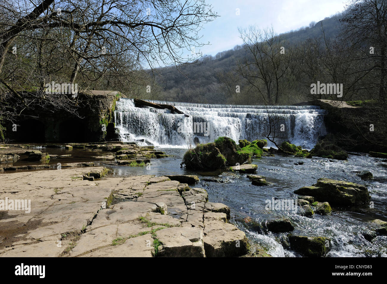 Weir on the river wye a short walk from monsal head derbyshire england ...