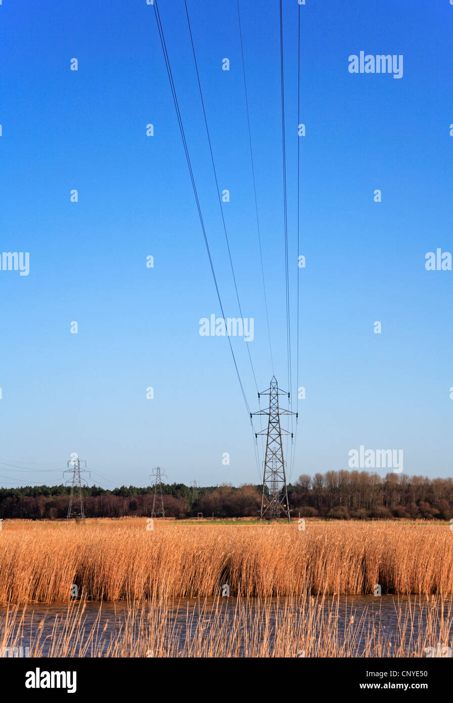 Power cables crossing the River Waveney near Haddiscoe, Norfolk ...