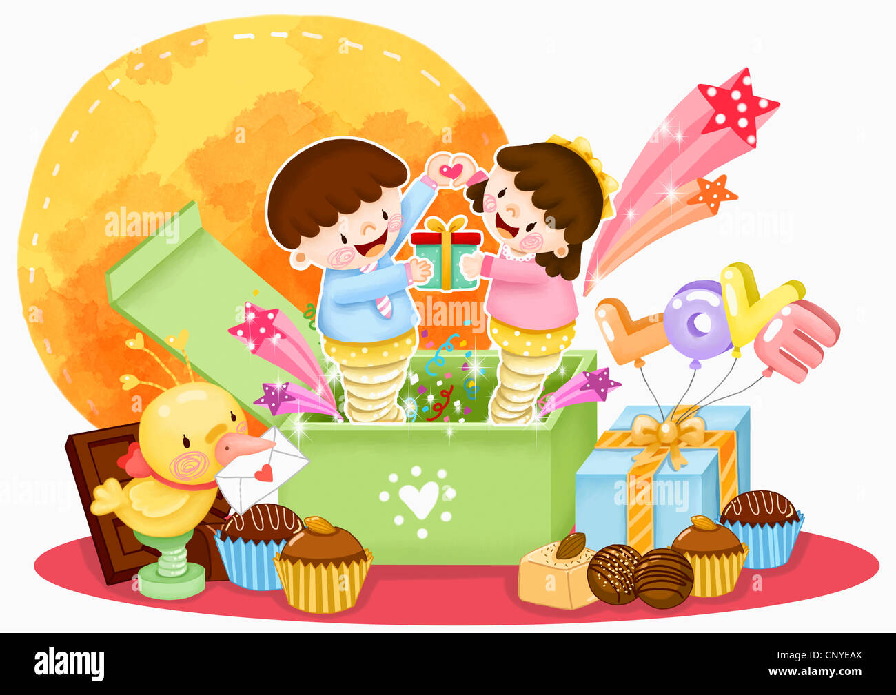 The boy and girl from the gift box with chocolate around Stock Photo ...