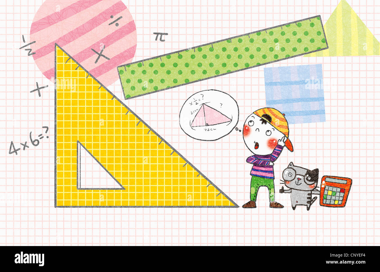 The boy thinking the calculation with rulers Stock Photo - Alamy