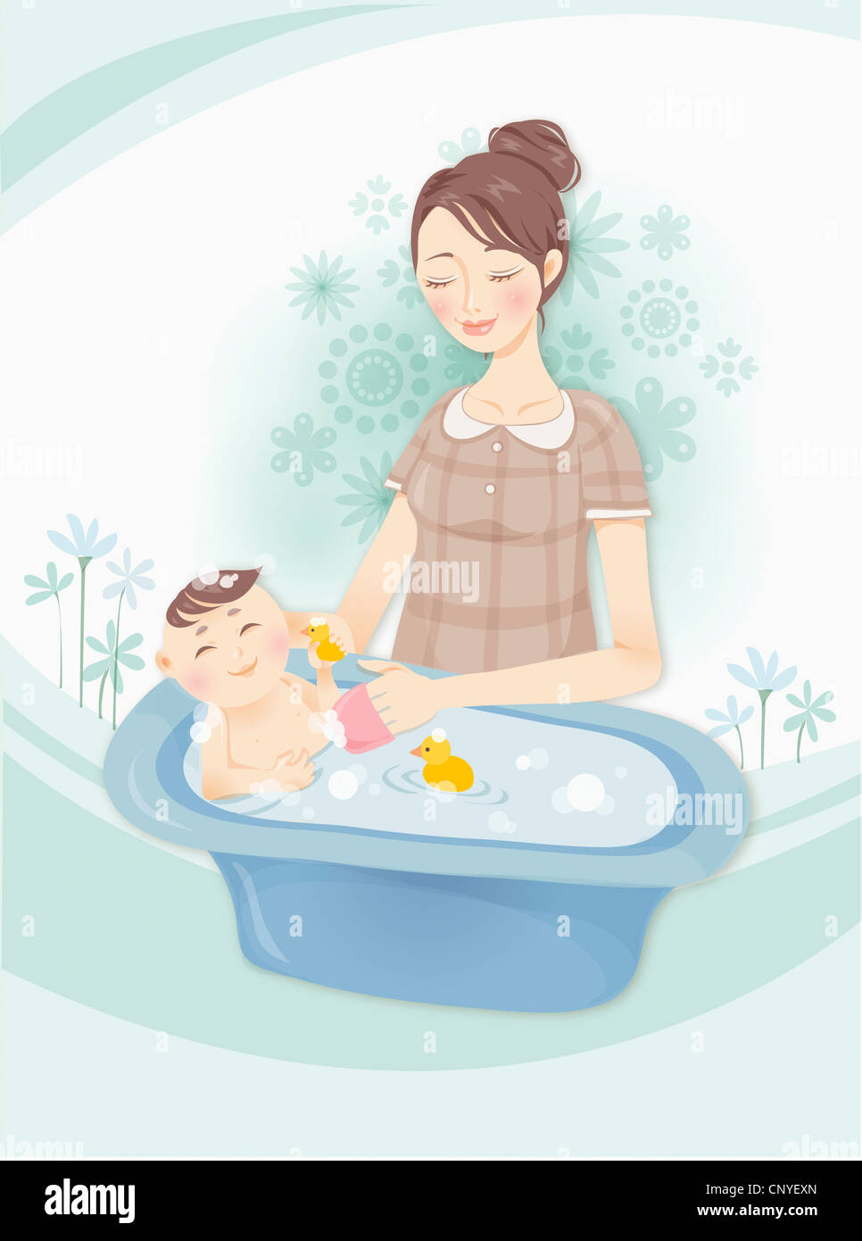 The woman bathing the baby Stock Photo - Alamy