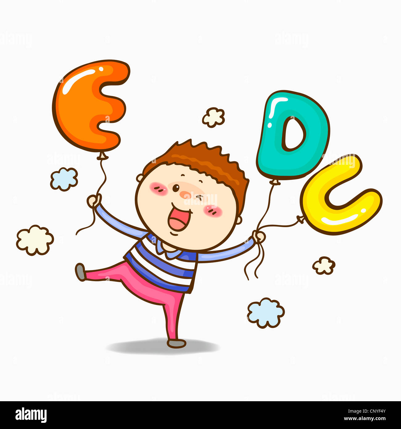 A boy holding up the 'EDU' balloons Stock Photo - Alamy