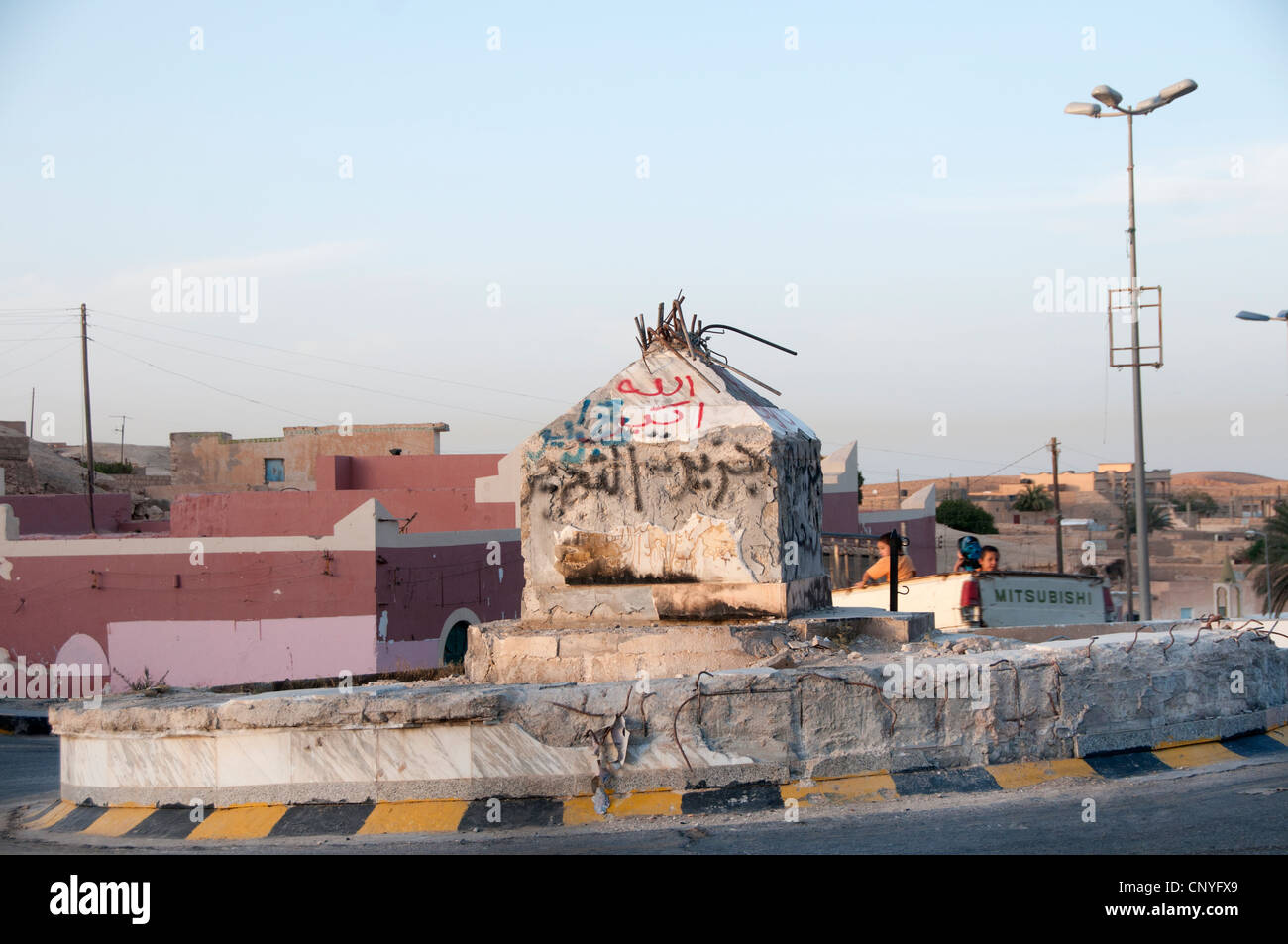 Libya September 2011. Nalut. Roundabout with remains of statue of ...