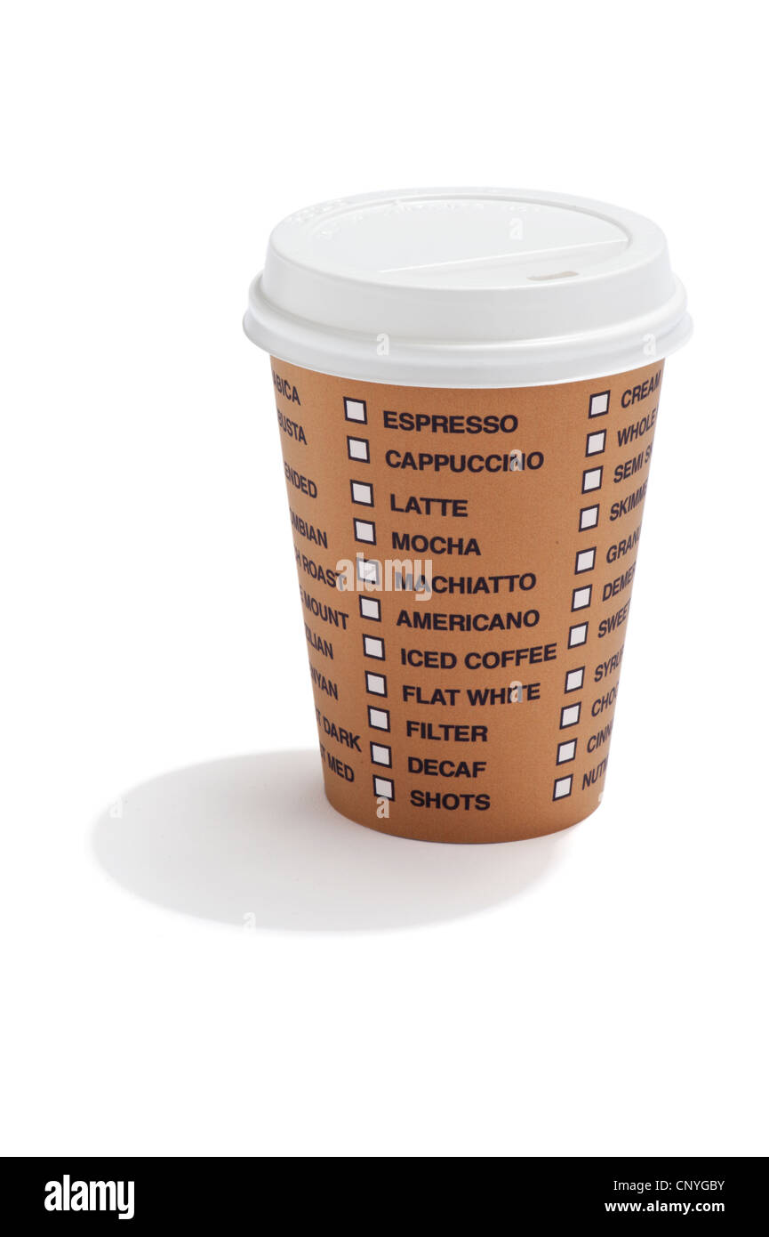 A takeaway drink cup with list of coffee options on it Stock Photo - Alamy