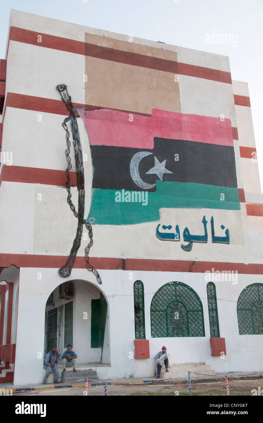 Libya September 2011. Nalut. Building with giant new Libyan flag ...